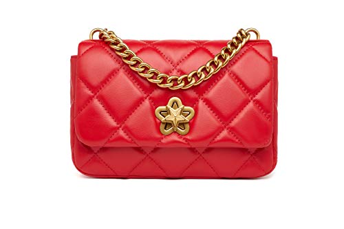 Women Quilted Crossbody Bag Genuine Leather Clutch Purse with Chain Strap Ladies Small Shoulder Handbags - Star Red
