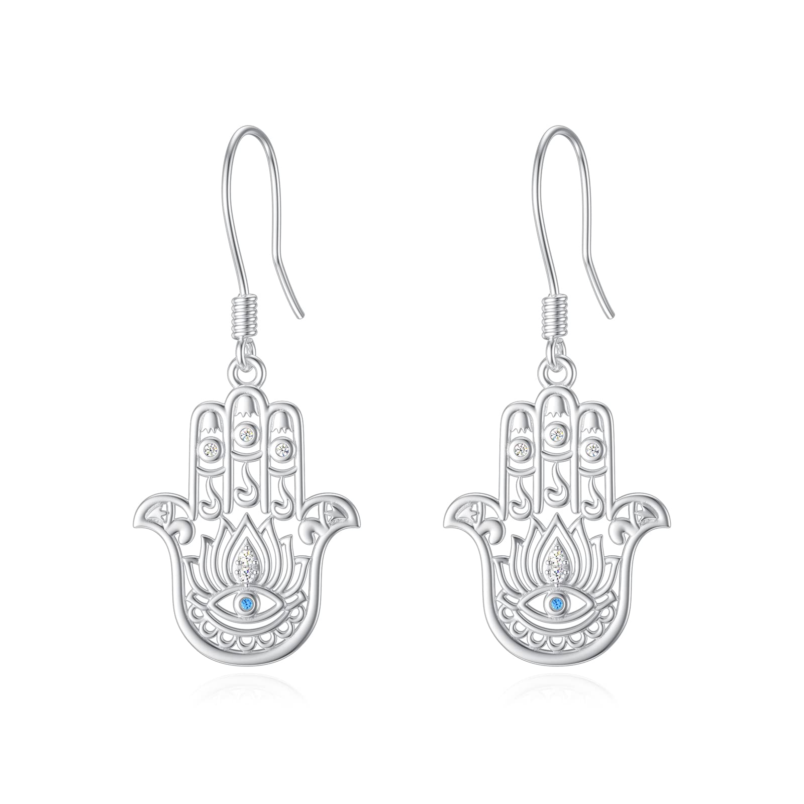 Hamsa Earrings 925 Sterling Silver Fatima Evil Eye Hamsa Hand Dangle Earring