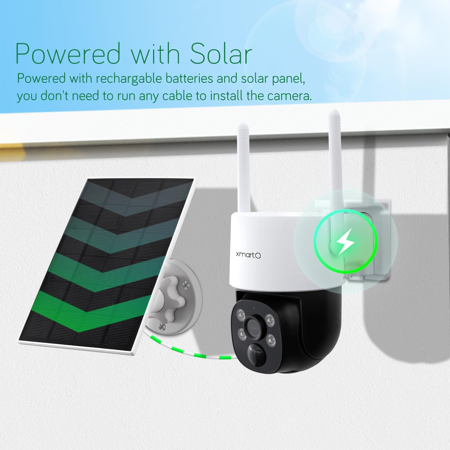 xmartO [Night Color] QHD Solar Powered Wire-Free Home Security Camera System Wireless Outdoor Pan/Tilt/Zoom (Eternal Solar Power, Thermal Motion Detection, Spot Lights and Siren, SD,NVR & Cloud Storag