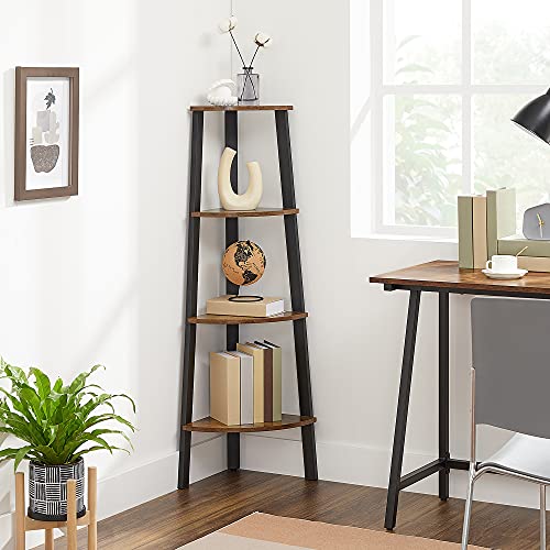 VASAGLE Corner Shelf Stand, 4-Tier Corner Bookshelf, Industrial Corner Ladder Shelf, Plant Stand Display Shelf for Living Room, Office, Kitchen, Rustic Brown and Black ULLS34X