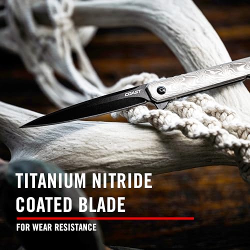 Coast Founder's Collection LX533 ORIGIN, Gentleman's EDC Folding Pocketknife, DAMASCUS Stainless-Steel Handle, Flipper Tab, Frame Lock, Pocket Clip, Black Nitride Stainless-Steel Blade
