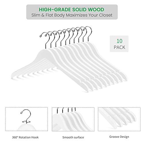 Nature Smile Solid Gugertree Wood Shirt and Dress Hangers with Notches with Antirust Chrome Hook Pack of 10 (White)
