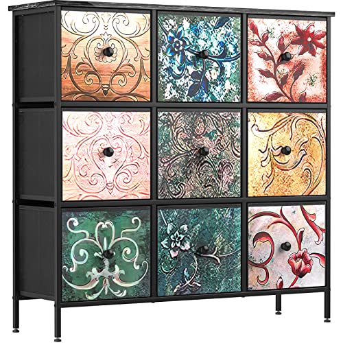 YILQQPER Dresser for Bedroom with 9 Drawers, Chest of Drawers for Closet, Living Room, Hallway, Nursery, Tall Storage Organizer Unit with Sturdy Steel Frame, Fabric Bins, Wood Top (Floral Painted)