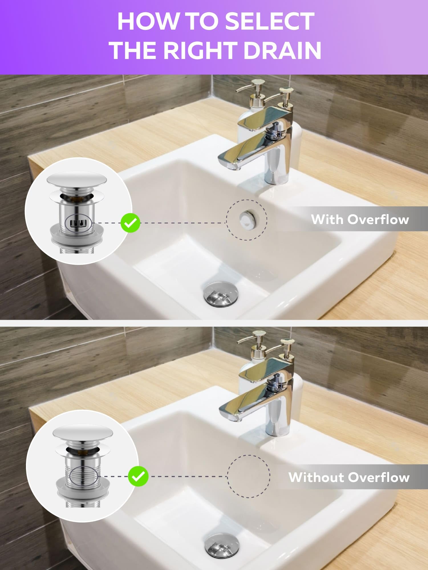 Premium Pop Up Drain with Overflow 1.6"- 1.9" Universal Bathroom Drain Kit - Chrome Bathroom Sink Drain with Overflow All Metal Rustproof Brass and 304 Stainless Steel - Push Button Sink Drain