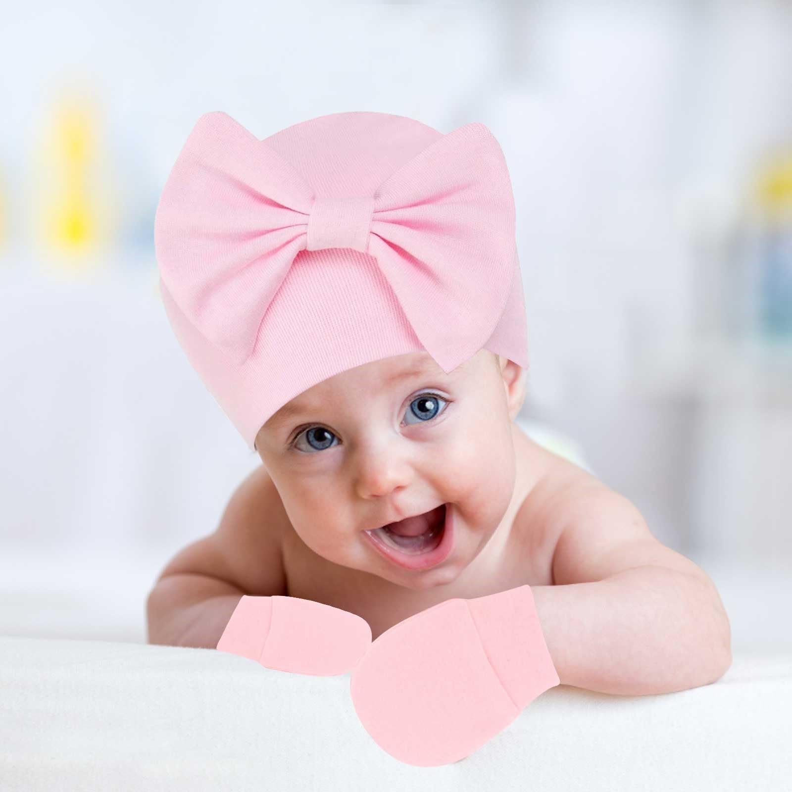 Infant Hat and Gloves Set Soft Newborn Hats for Girls Knit Baby Hat with Bow No Scratch Mittens 0 3 Months (Navy, A)
