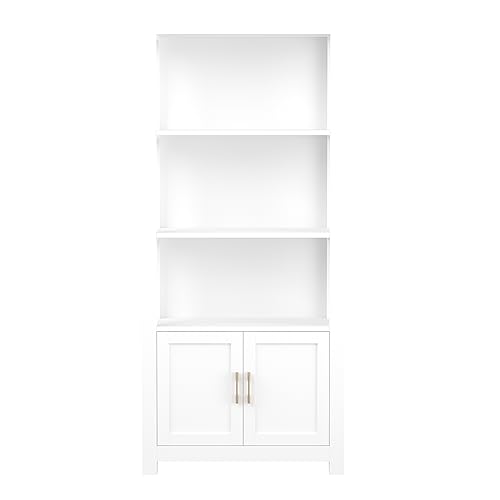 Martha Stewart Hutton Four Tier Shaker Bookcase with Storage Cabinet in White with Polished Brass Hardware