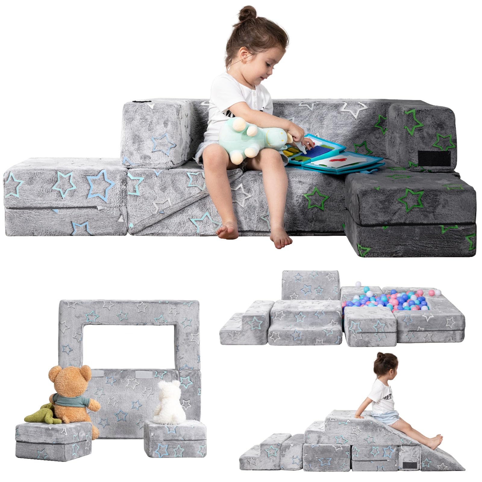 LOAOL Kids Couch Toddler Couch, Glow in The Dark Kids Play Couch, Foam Climbing Playset Imaginative Furniture for Creative Children, Convertible Glow Kids Sofa Colorful Stars for Playroom Bedroom