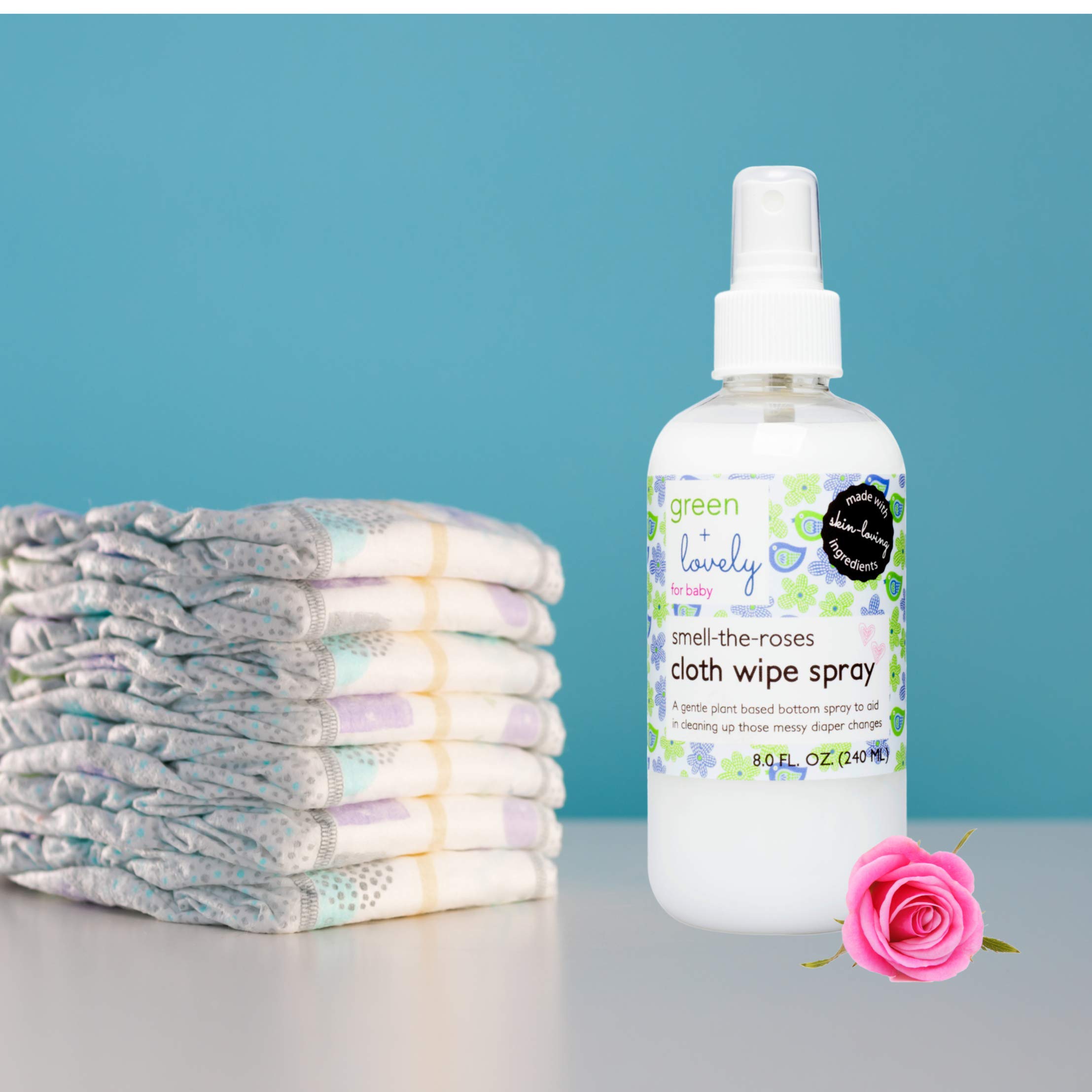 Smell the Roses Cloth Wipe Spray, 8 fl. oz. - Plant-based Baby Bottom Wash made with All-Natural and Organic Ingredients by Green and Lovely