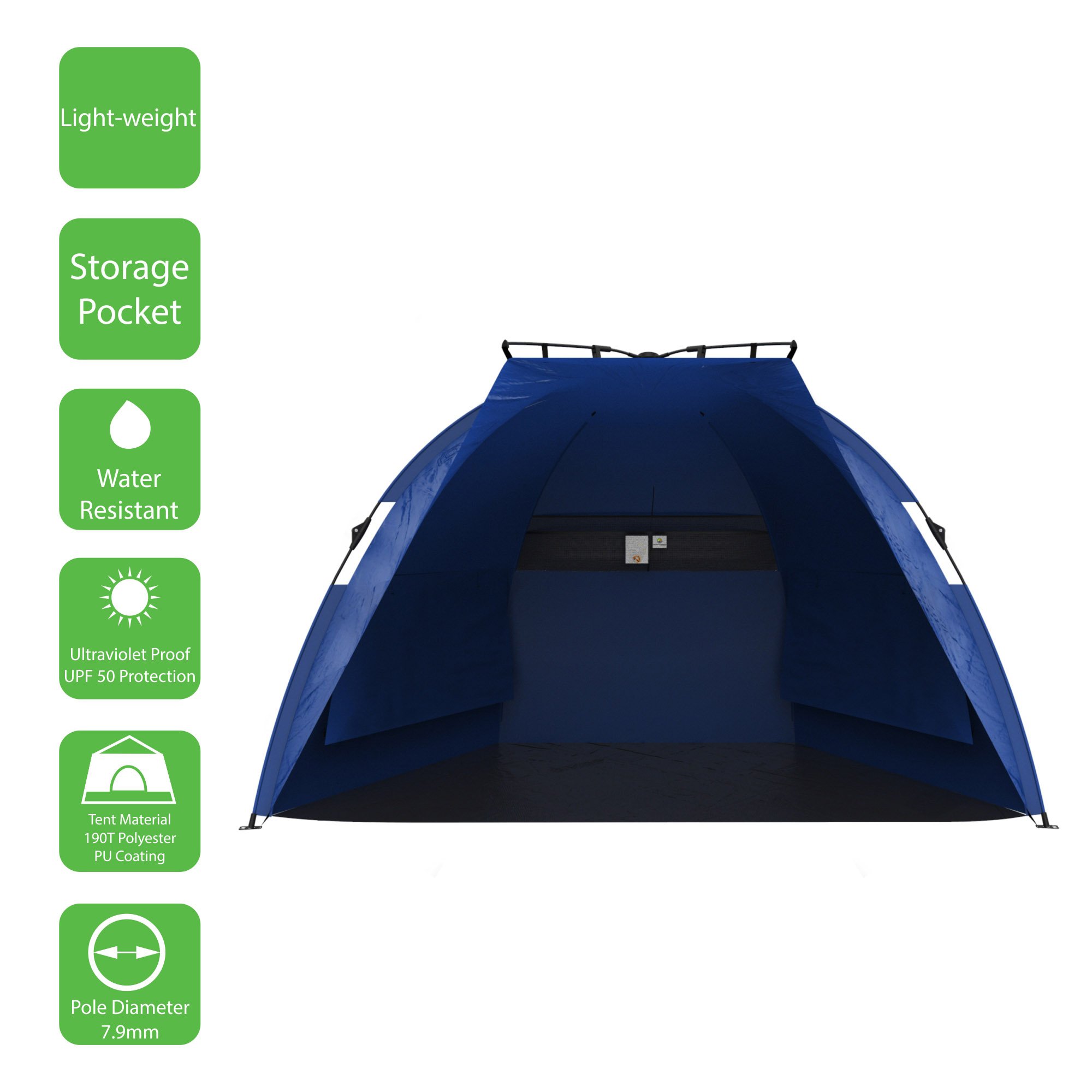 Pop Up Beach Tent Sun Shelter for Shade with UV Protection, Water and Wind Resistant, Instant Set Up and Carry Bag by Wakeman Outdoors, Navy, 55" x 87" (153133NYX)