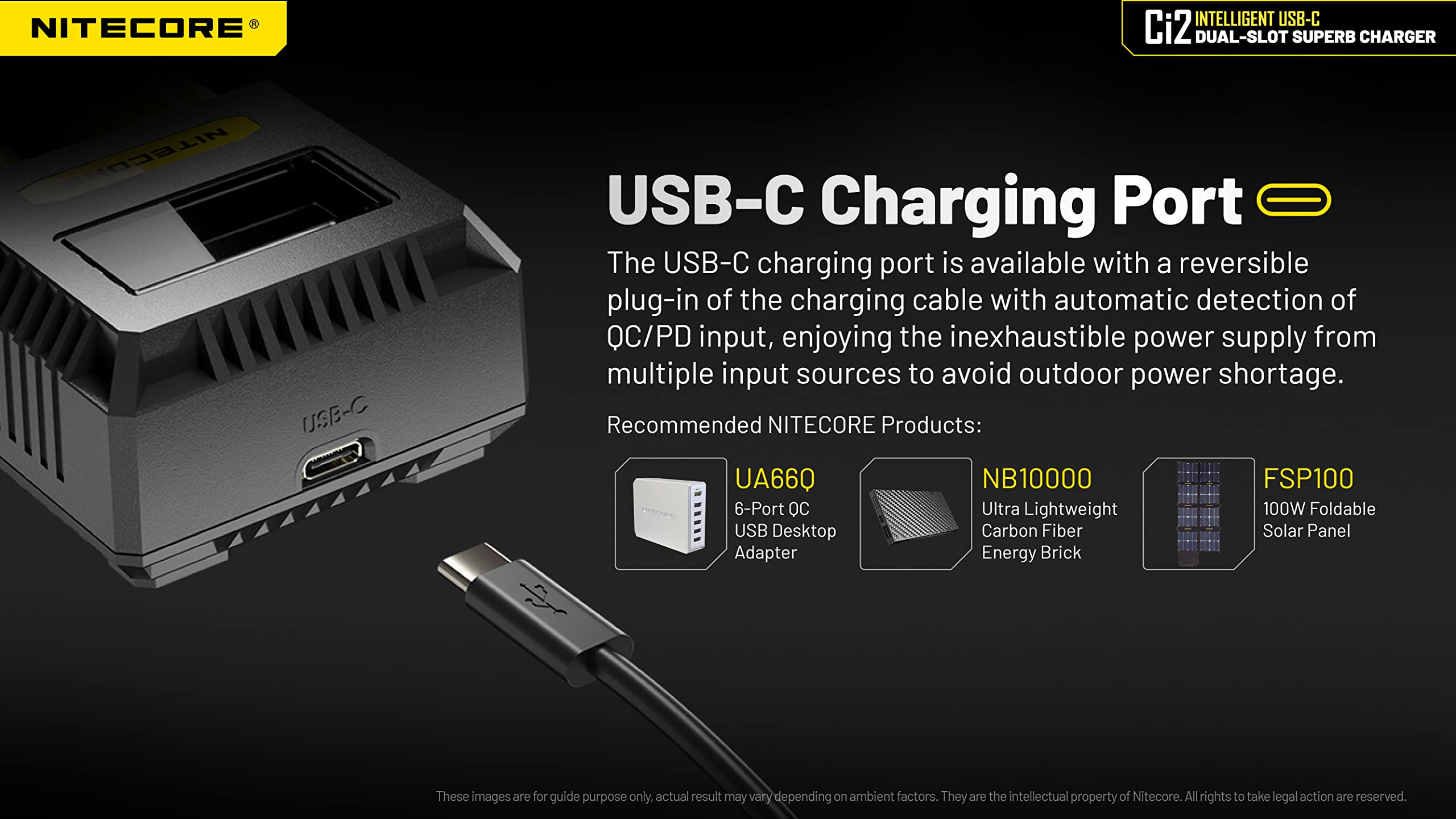 Nitecore Ci2 2 Bay Universal Battery Charger Support 16340 14500 18650 21700 Lithium Ion AA AAA Ni-MH Ni-CD, USB-C QC PD with Lumentac Battery Organizer
