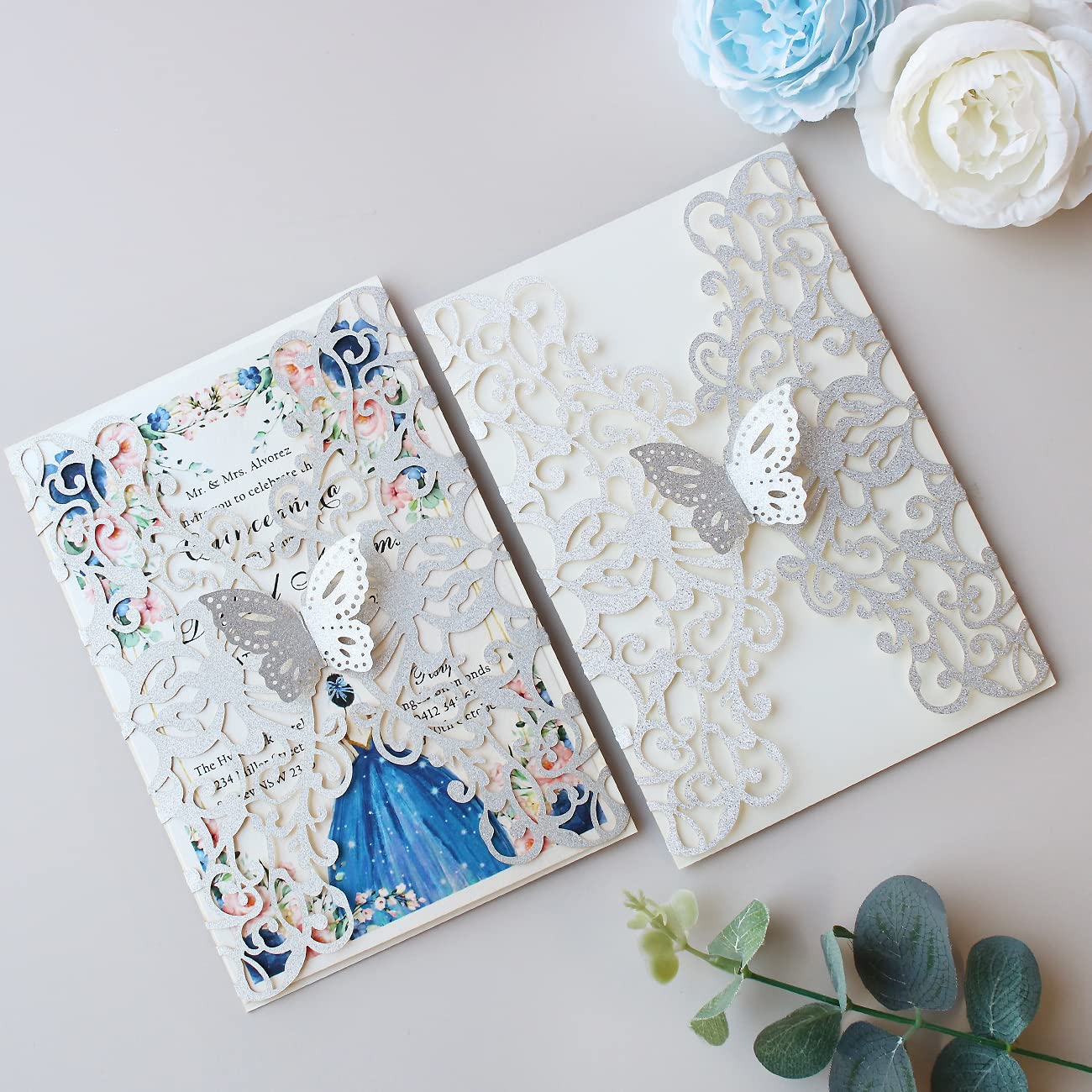 KUCHYNEE 20PCS 5.1x7.3 inch Silver Laser Cut Lace Flora Wedding Invitation Cards with Butterfly and Envelopes for QuinceaƱera Bridal Shower Wedding Invite (Silver Glitter)