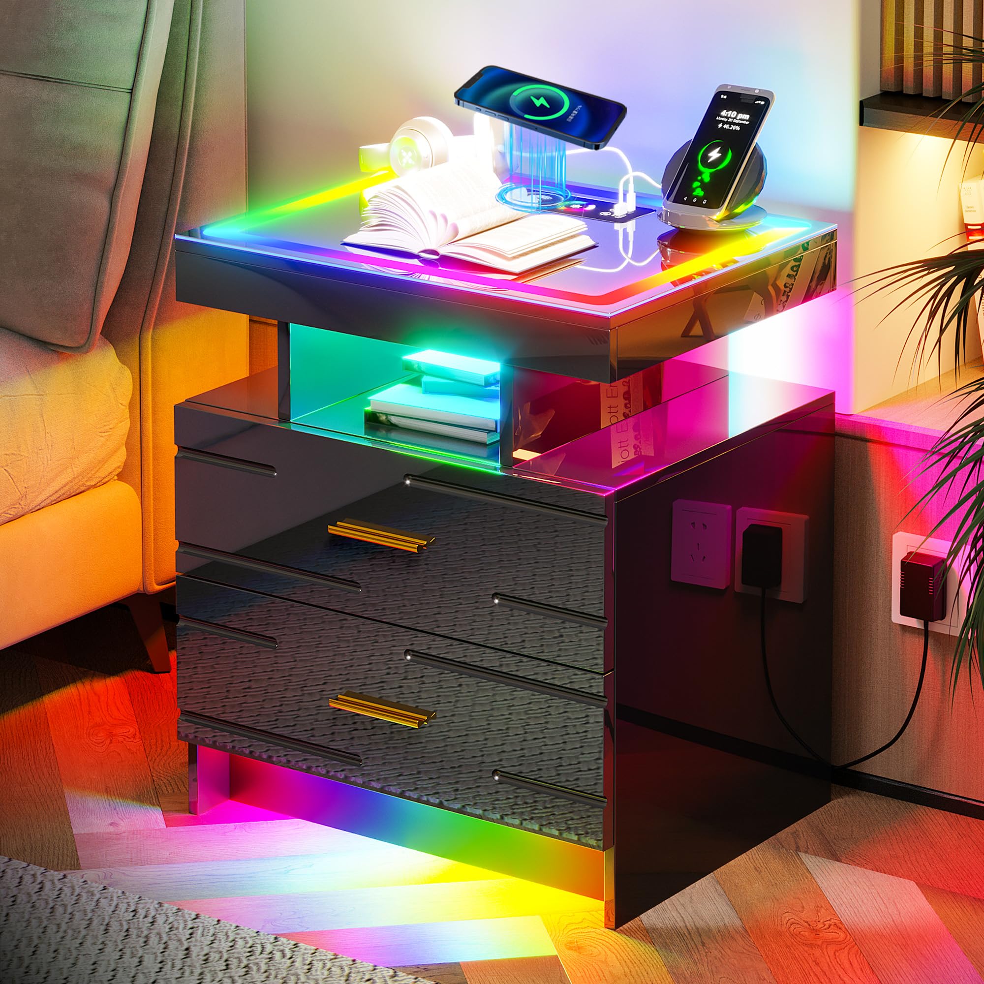 vkcc NightStand with LED Lights and Charging Station, Smart Night Stand with Auto Human Sensor, End Table with 2 Drawers, High Glossy Bedside Table for Bedroom Dorm, Black