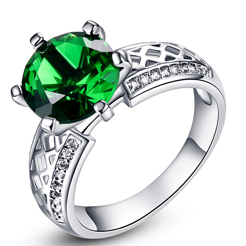 Veunora Silver Plated Round Cut Created Emerald Quartz Green Cubic Zirconia Filled Women Hollow Band Ring Size 9