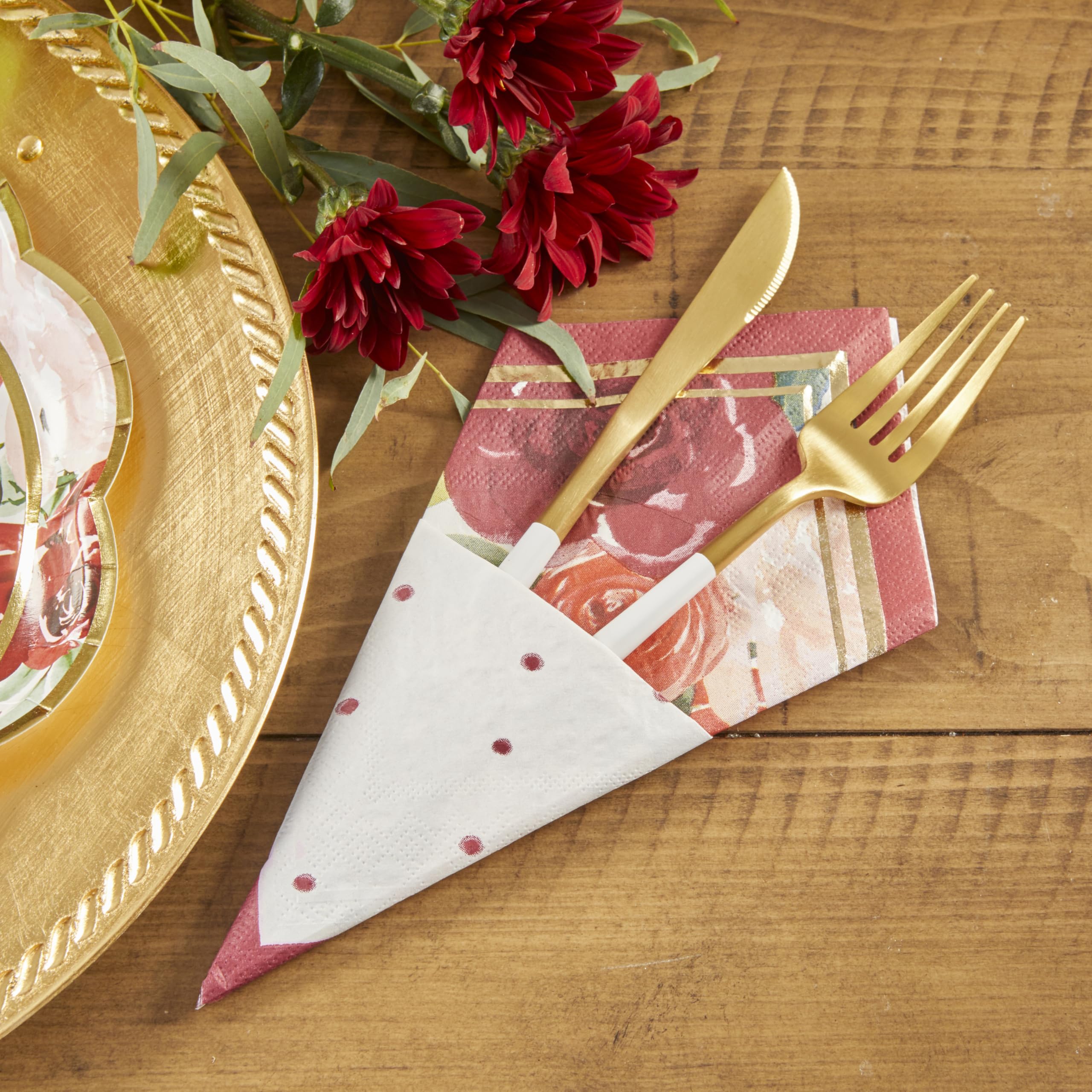 Kate Aspen Burgundy Blush Floral Paper Napkins, Thick Decorative Dinner Napkins, Luncheon Serveware, Perfect for Wedding Reception Or Bridal Shower,Gold and burgundy