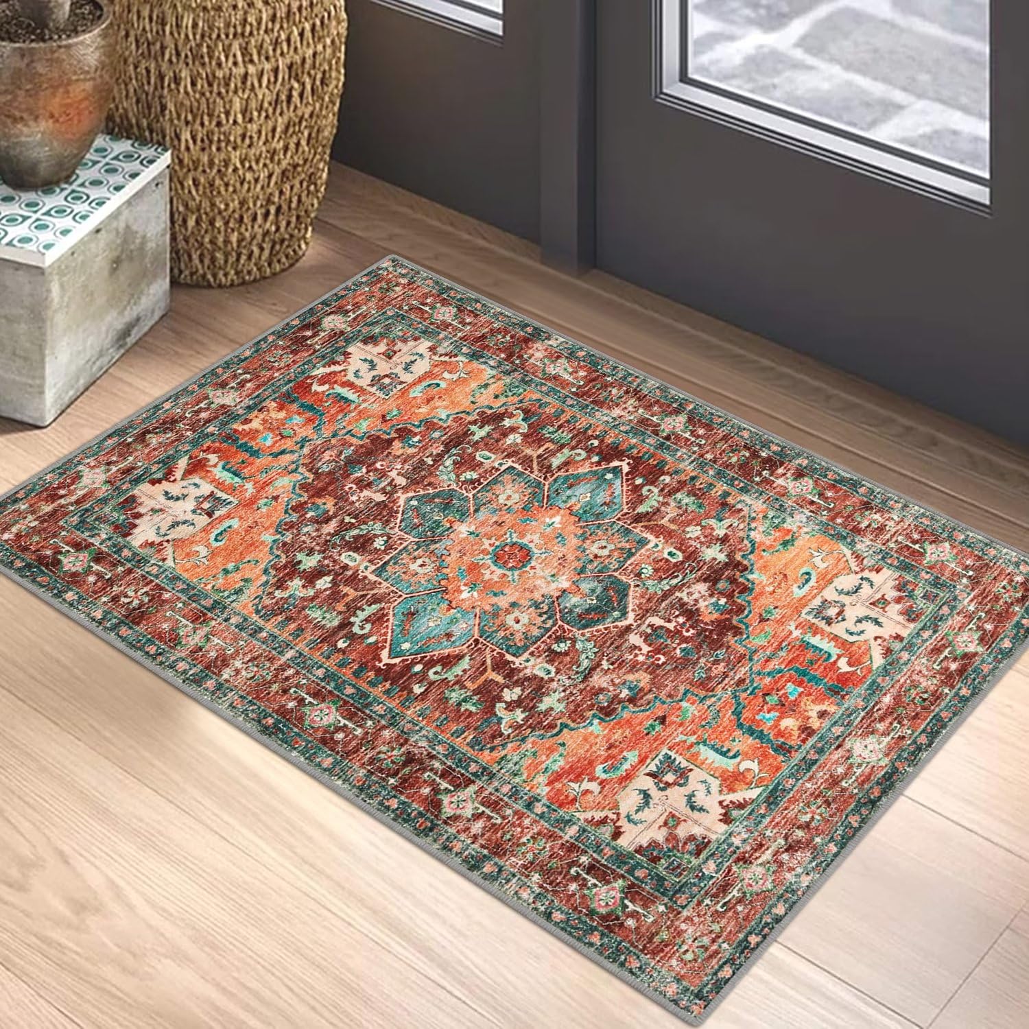 Yamaziot Washable Area Rug, 2x3 Small Entryway Rug Non-Slip Boho Vintage Rug with Rubber Backing, Low Pile Faux Wool Soft Distressed Rug Floor Carpet for Indoor Door Mat, Kitchen, Laundry Bathroom