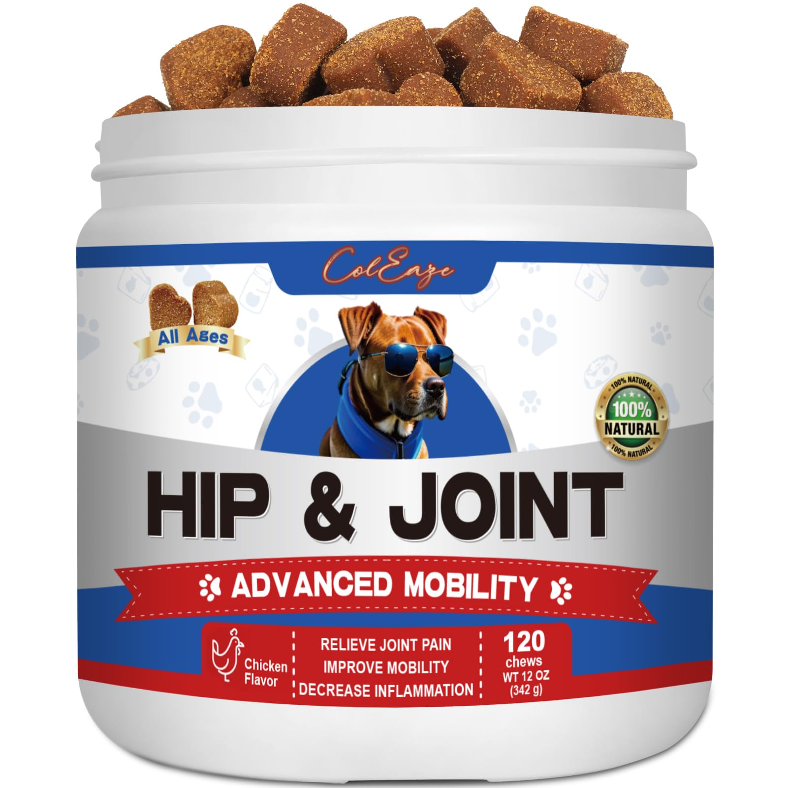 ColEaze Joint Supplement for Dogs, Glucosamine Chondroitin for Dogs Joint Pain Relief, MSM - Advanced Mobility Chews Reduce Inflammation, Hip & Joint Care - Chicken Flavor - 120 Ct