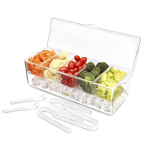 VEBO Ice Chilled 5 Compartment Condiment Server Caddy - Serving Tray Container with 5 Removable Dishes with over 2 Cup Capacity Each and Hinged Lid | 3 Serving Spoons + 3 Tongs Included