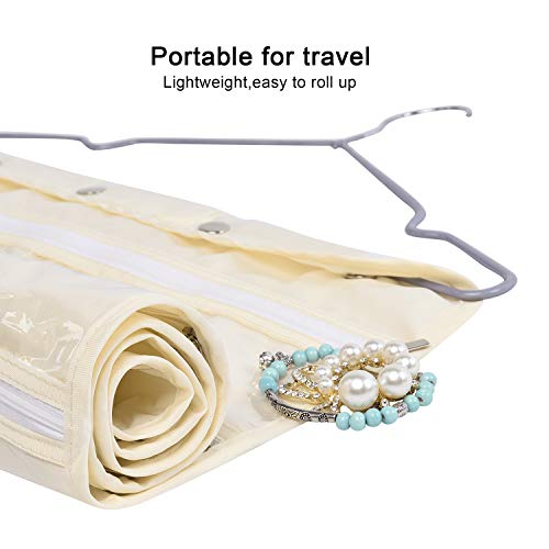 SPIKG 56 Pockets Dual Sided Jewelry Hanging Organizer Oxford Storage Bag with Zipper Hanger (Beige)