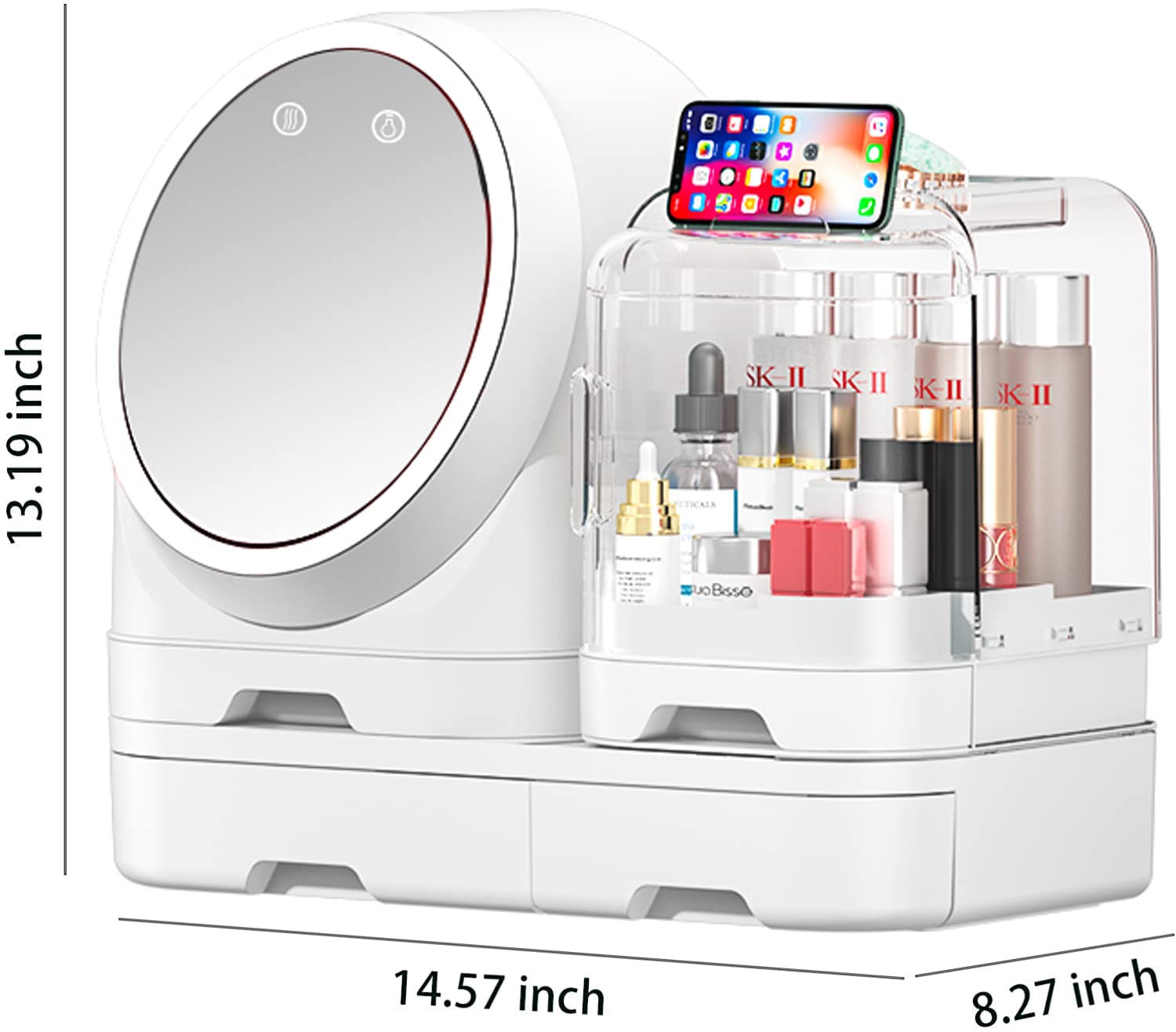 Miss Puff Makeup Organizer with LED Mirror and Fan, Large Capacity Cosmetic Storage Display Case, Waterproof and Dustproof Skincare Organizer for Bathroom and Vanity Dresser