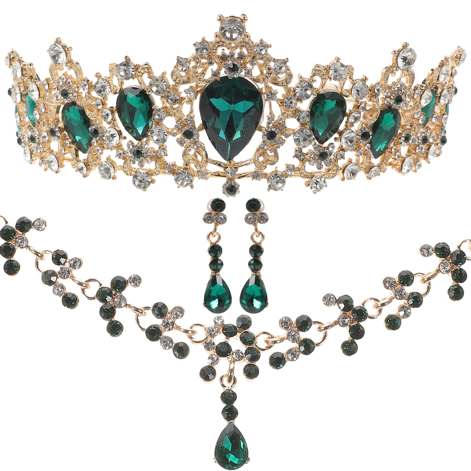 Generic Wedding Bridal Flower Jewelry Set Baroque Tiara Crystal Crown with Comb Retro Rhinestone Necklace Earrings Bridesmaids Queen Costume for Prom Party ( Green )
