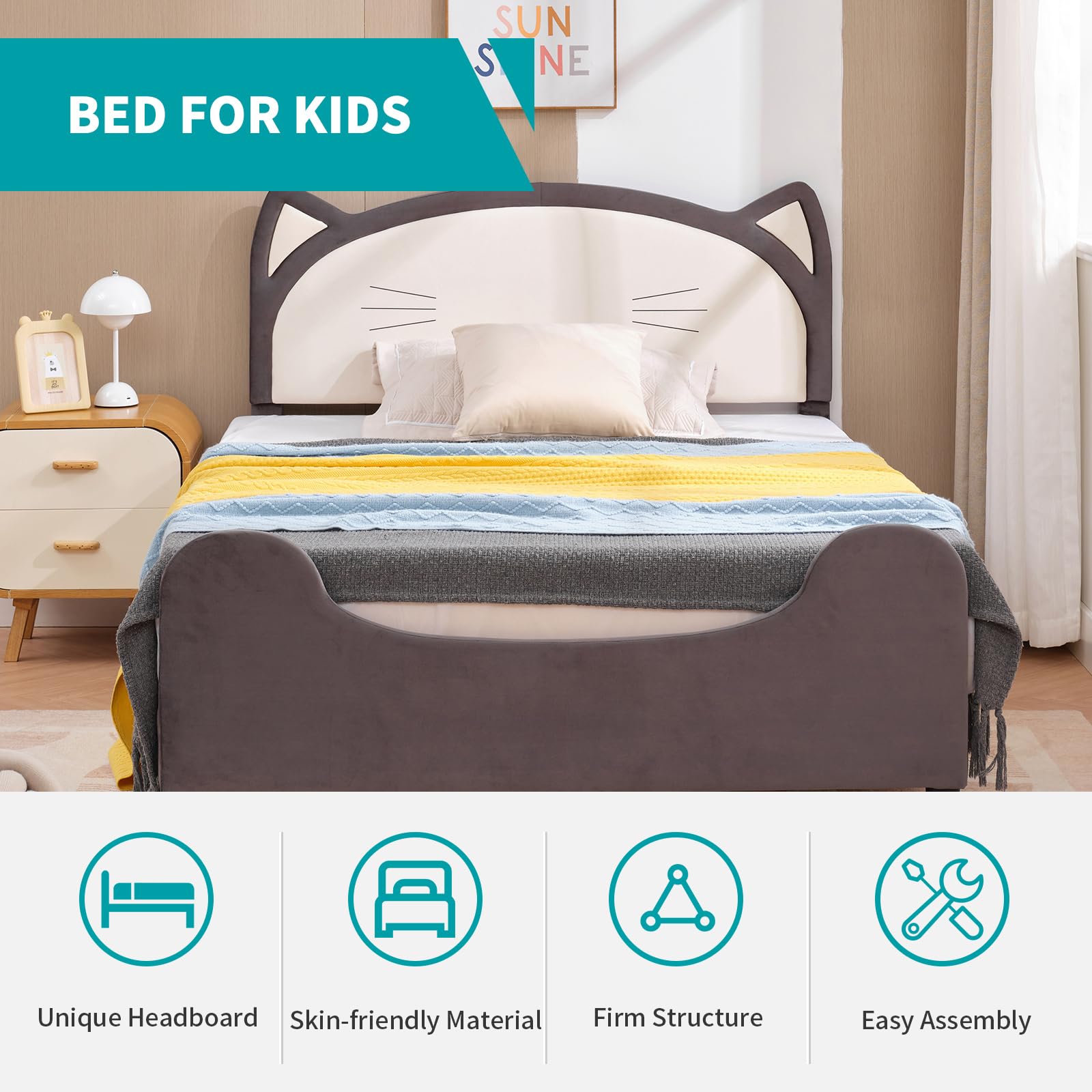 MUZZ Twin Kid Bed Frame,Velvet Bed Frame with Cat Ears Headboard, Upholstered Kids Bed Platform with Sturdy Slats Support,No Box Spring Needed,Bedroom Use(Twin/Cat)