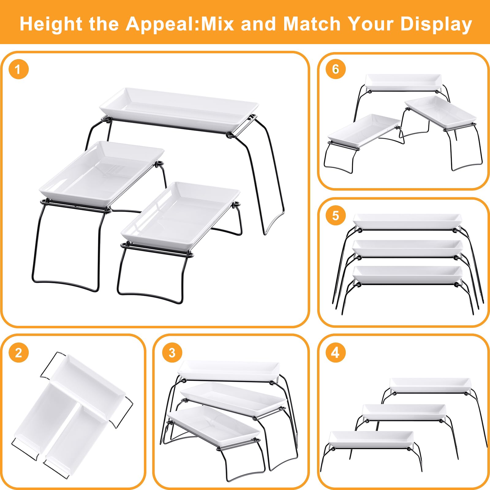 Bumusty 3-Tier Plastic Serving Tray Set, 11.5" Platters with 3 Collapsible Metal Stand Display for Cupcakes, Serving Food, Dessert, Fruit, Microwave-Safe, Black