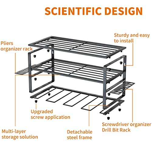 Power Tool Organizer, Garage Tool Organizers and Storage, 3 Layers Heavy Duty Metal Tool Shelf, Drill Holder Wall Mount, Utility Storage Rack for Cordless Drill Charging Station Screwdriver