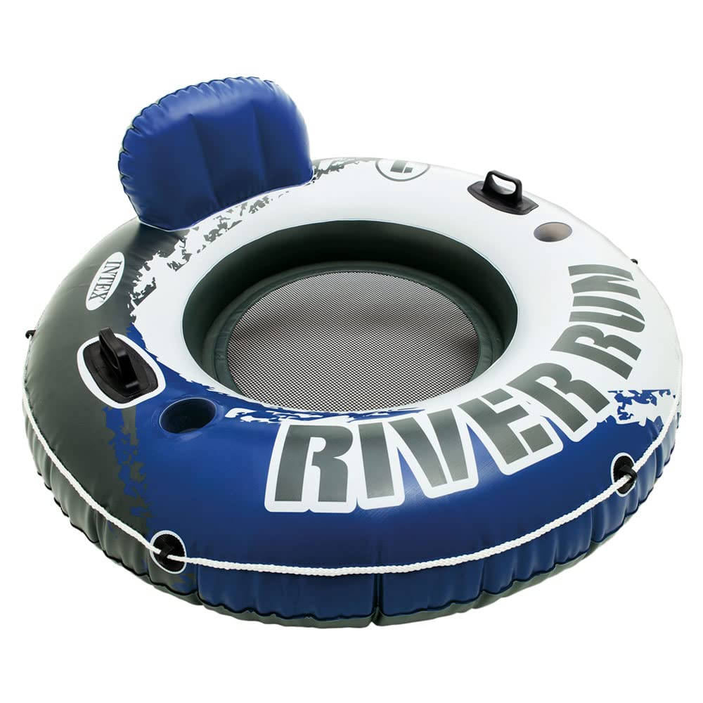 INTEX 58825EP River Run 1 Inflatable Floating Lounge: Comfortable Backrest – Built-in Cup Holders – Durable Grab Handles – All Around Grab Rope – 220lb Weight Capacity– Blue