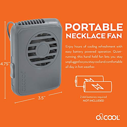 O2COOL Battery Powered Deluxe Necklace Fan For Personal Cooling With Adjustable Lanyard (Grey) 2 Pack