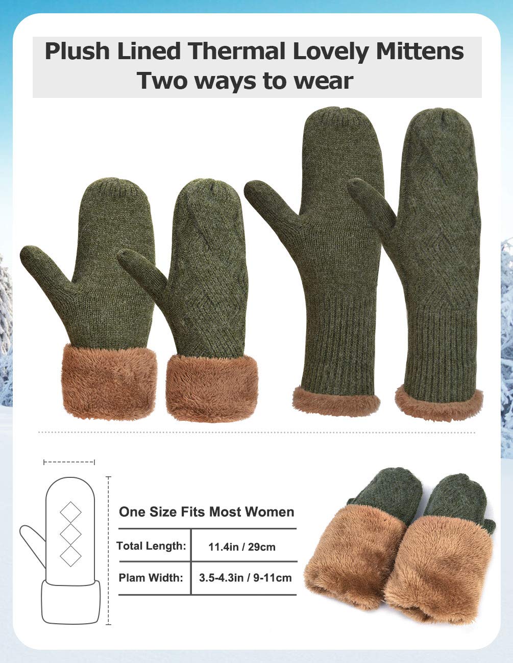 MAYLISACC Cable Knit Beanie-Hats and Mittens-Gloves-Set for Women Fleece Lined Winter Ski Caps with Fuax Fur Pom Pom, Green