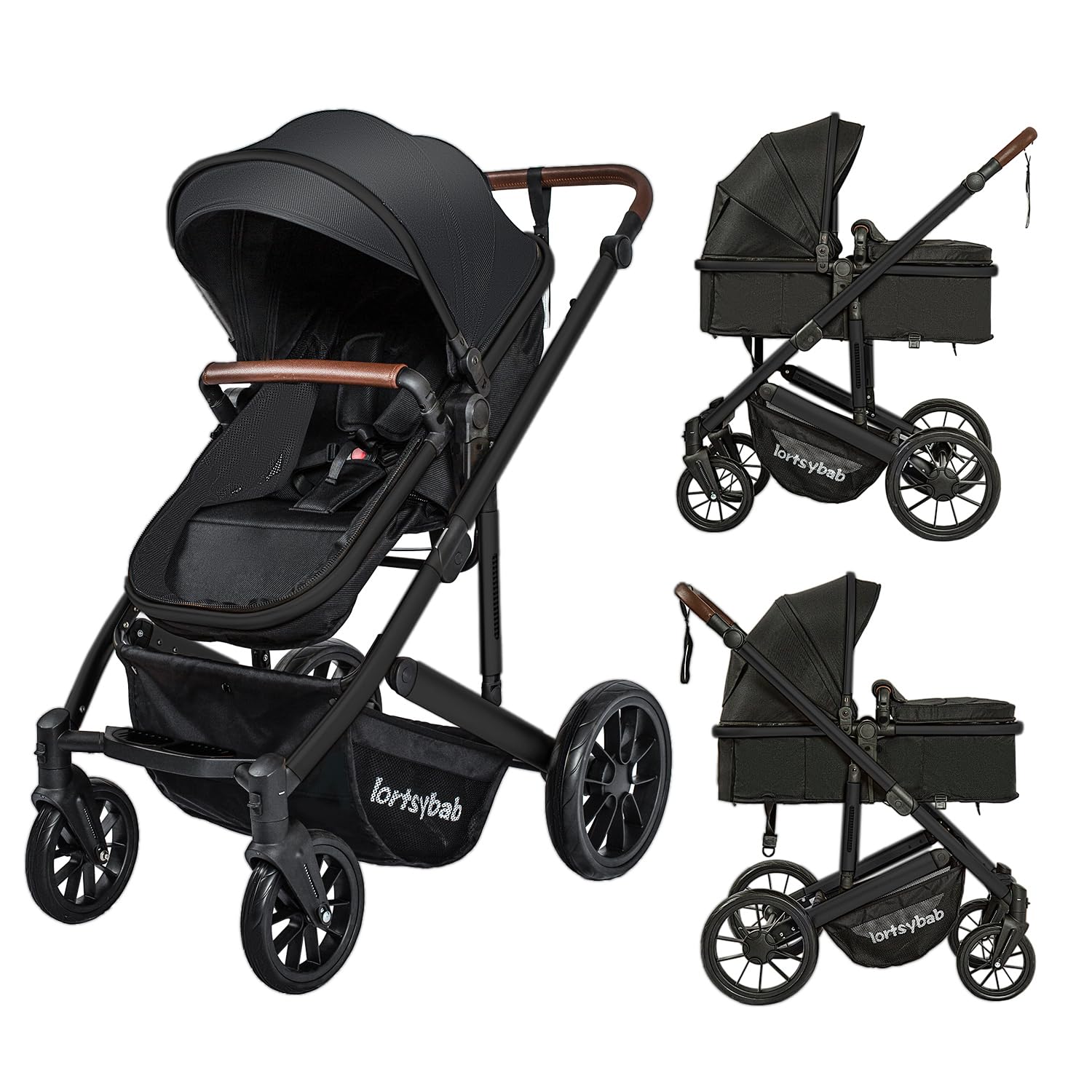 LORTSYBAB 2 in 1 Convertible Baby Stroller, High Landscape Infant Stroller w/Reversible Seat, Adjustable Backrest & Canopy, Newborn Reversible Bassinet Pram Strollers, Black