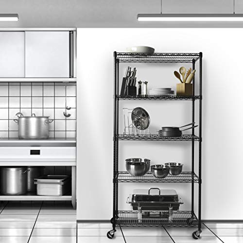 Seville Classics UltraDurable Heavy Duty NSF Solid Steel Wire Rack Storage Unit, Organizer for Garage, Warehouse, Office, Restaurant, Classroom, Kitchen, Black, 5-Tier Shelving, 36" W x 18" D