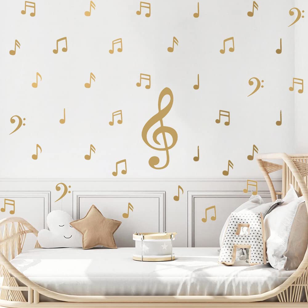 JUEKUI 36pcs Musical Note Wall Decals Creative Music Notes Removable Vinyl Wall Stickers for Classroom Kids Room Music Studio Decoration W141 (Gold)