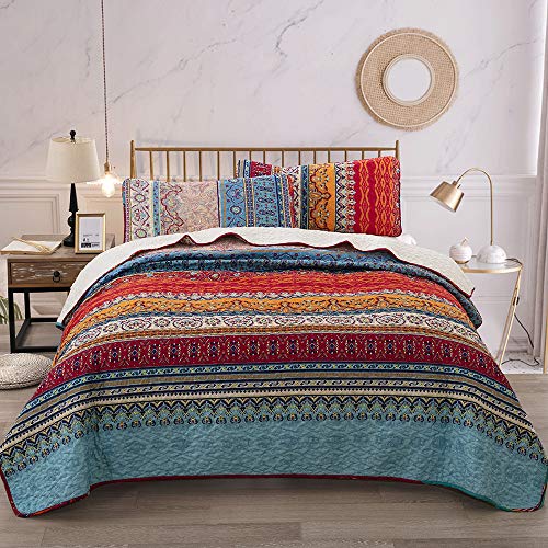 WONGS BEDDING Bohemian Quilt Set and Comforter Set Queen, Boho Striped Pattern Printed Quilt Coverlet for All Season, Soft Microfiber Boho Bedspread Set 90"x96"(3 Pieces, Queen)