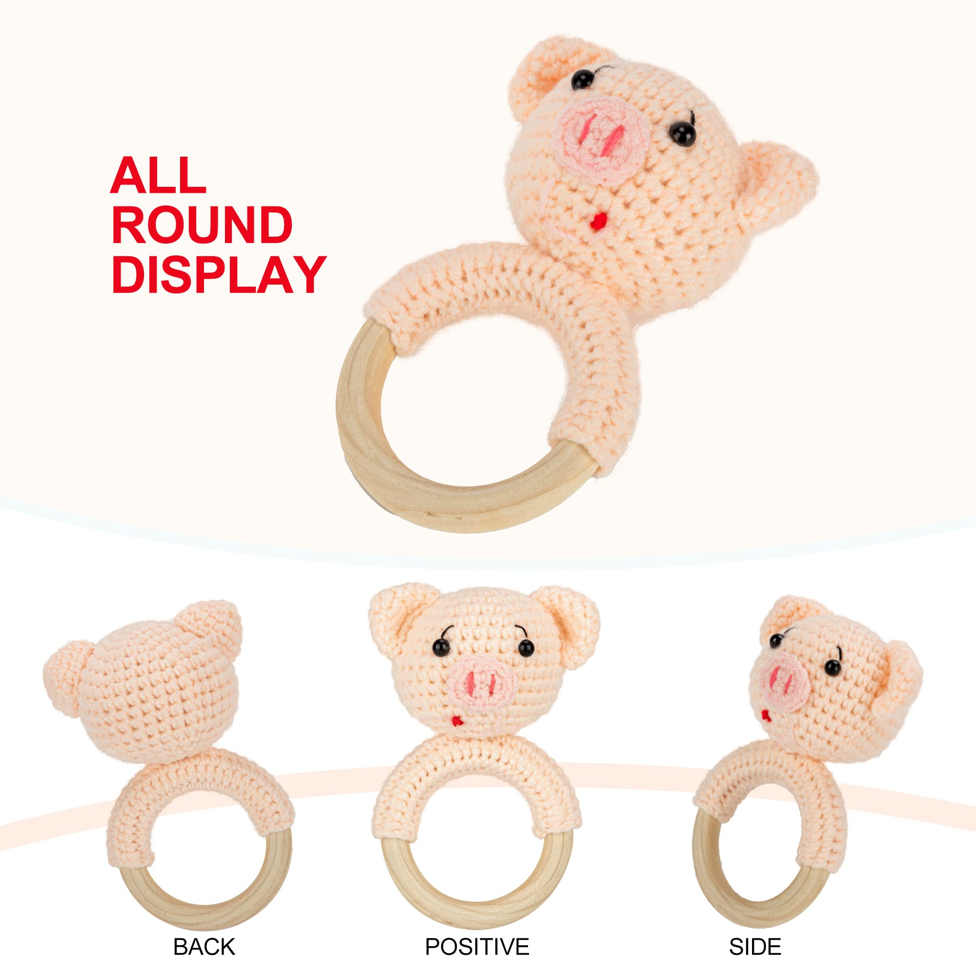 LUJCCHY Animals Wooden Baby Rattle Toys Stuffed Crochet Rattle with Teether Ring for Newborn, Shaker Rattles Natural Infants First Toy Gift