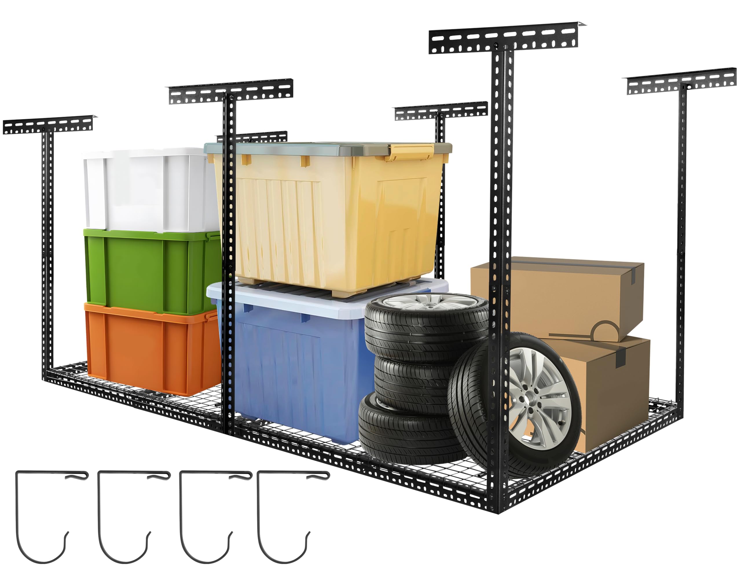 Rengue Overhead Garage Storage Rack, 4 x 8FT Height Adjustable Garage Ceiling Storage Racks, Heavy Duty Cold Rolled Steel Storage Rack for Garage, Warehouse with 4 Hooks