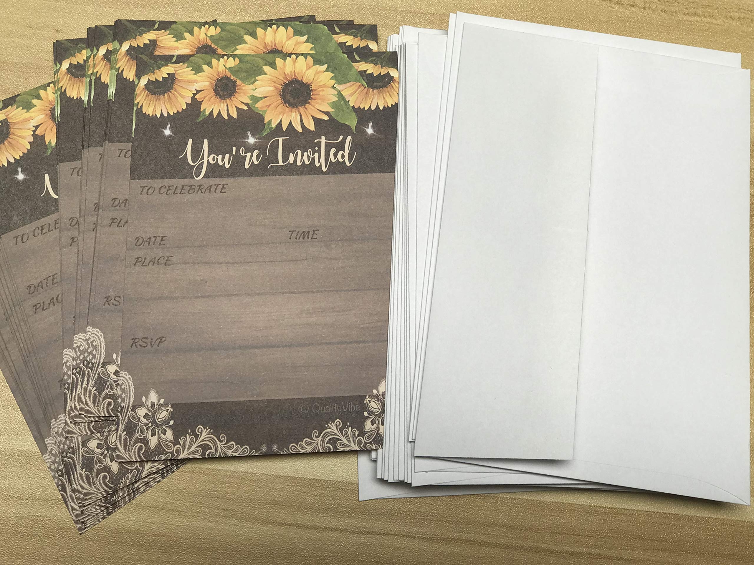 QualityVibe 25 Sunflower, rustic Wood & lace Invitations with 25 Envelopes For Weddings, bridal shower, birthdays, housewarming, retirement, engagements and much more events.