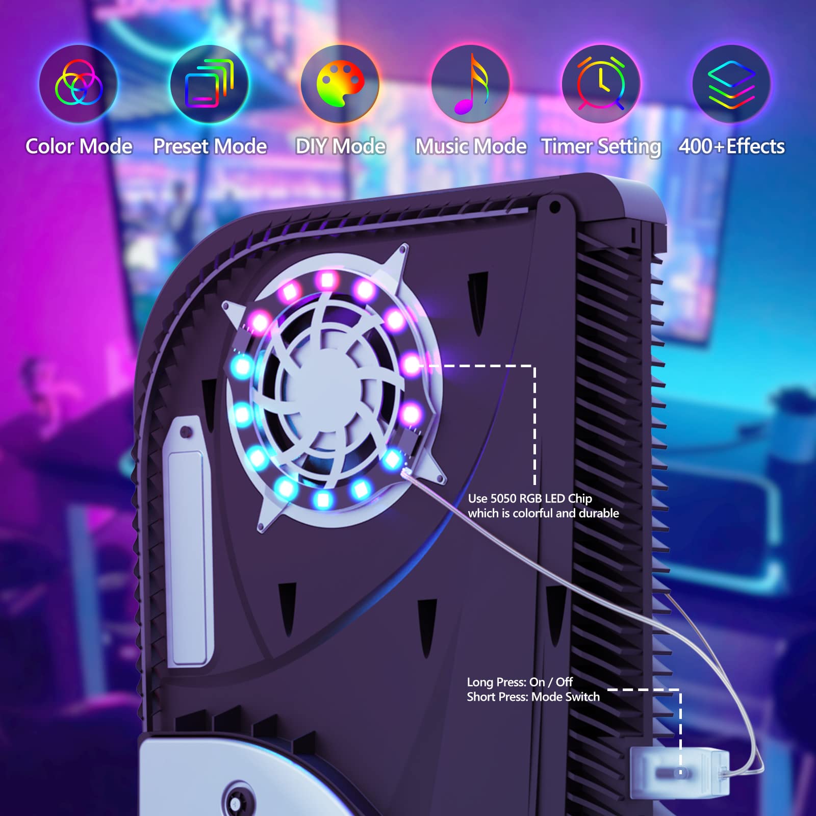 Face Plates for PS 5 Console + RGB LED Light Strip + Dust Cover Net, PS 5 Kit with Transparent Shockproof ABS Shell, Pets Hair Anti-dust Cover, 8 Colors RGB LED Light Ring. (Disc Version Clear Blue)