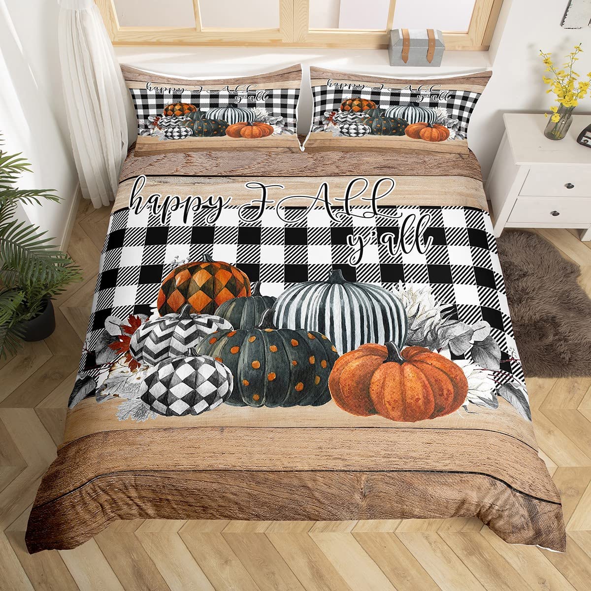 Fall Pumpkins Thanksgiving Bedding Set King Black White Buffalo Plaid Bedding Duvet Cover Rustic Farmhouse Wooden Board Comforter Cover For Adults Women Men Happy Autumn Fall Bed Set Brown 3 Pcs