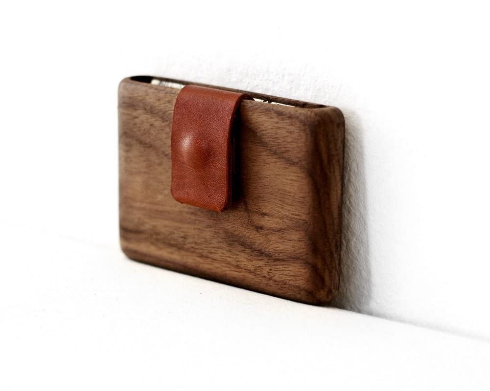 IPPINKA Minimalist Wallet for Men or Women - Wood Wallet - Walnut Wood with Leather Pull-Out Strap - Slim Card and Money Bill Holder