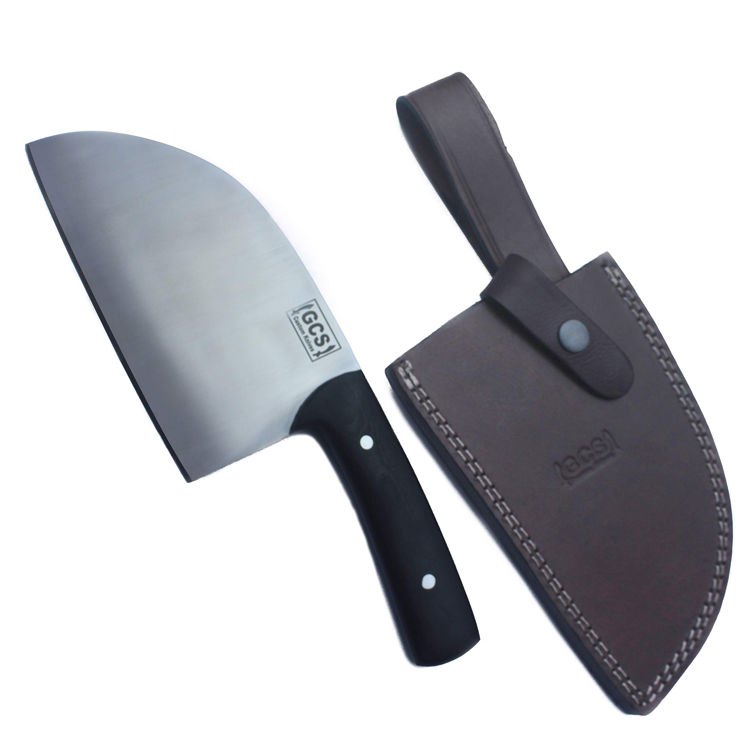GCS Hand forged Full Tang Knife Meat Cleaver Butcher Knife Vegetable Cleaver Chef Knife High Carbon D2 Tool Steel Sharp Cleaver Knife with Leather Sheath GCS 301