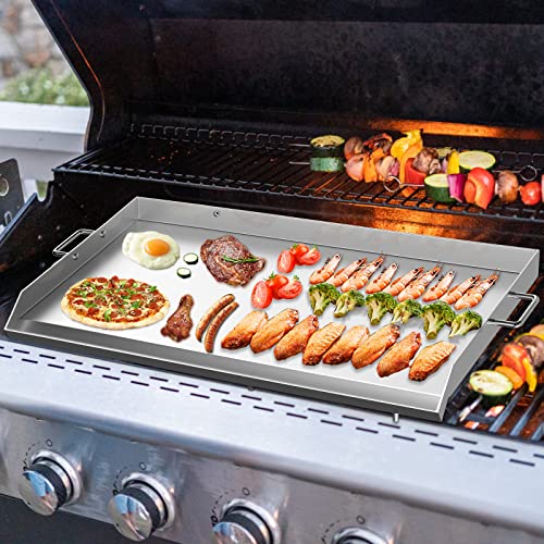 VEVOR Stainless Steel Griddle,32" X 17" Universal Flat Top Rectangular Plate, BBQ Charcoal/Gas Grill with 2 Handles and Grease Groove with Hole,Grills for Camping, Tailgating and Parties