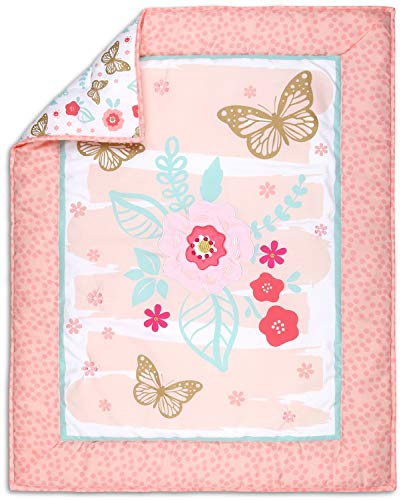 The Peanutshell Aflutter Crib Bedding Set for Baby Girls - 3 Piece Floral Nursery Set - Baby Blanket, Crib Sheet, Crib Skirt