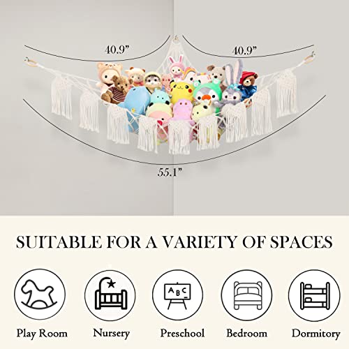 Zeesa Stuffed Animal Net or Hammock, Boho Hanging Net Storage with Macrame, Corner Toy Net Holder for Plush Toys Display, Beige
