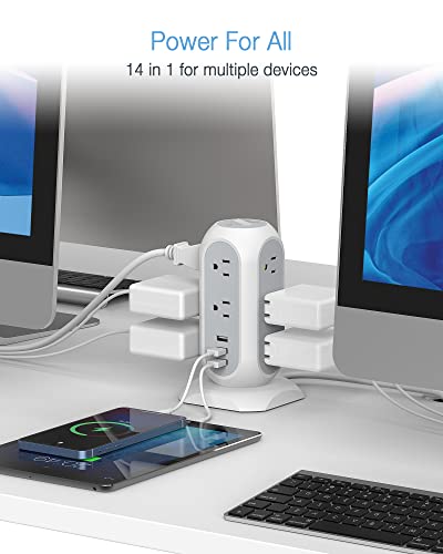 Tower Power Strip with 11 Outlets 3 USB Chargers, TESSAN Surge Protector Tower 1875W/15A, 6 Feet Extension Cord with Multiple Outlets, Flat Plug, Office Supplies, Desk Accessories, Dorm Essentials