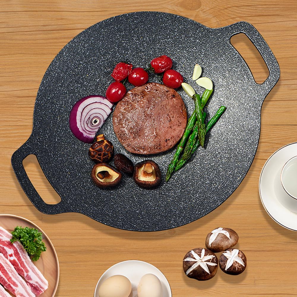 Korean BBQ Grill Pan 13.3inches, UNOSCHRIM Non-stick Grill Pan, Granite Coating Circular Grill Pan with Anti-Scalding Gloves and Food Clip, Suitable for Both Home and Outdoor Camping