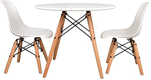 UrbanMod Kids Mid Century Style Furniture, Modern White Table Set, Round Table with Two (2) ABS Easy-Clean Chairs Highest Strength Capacity (330lbs) - Safer Chair Height