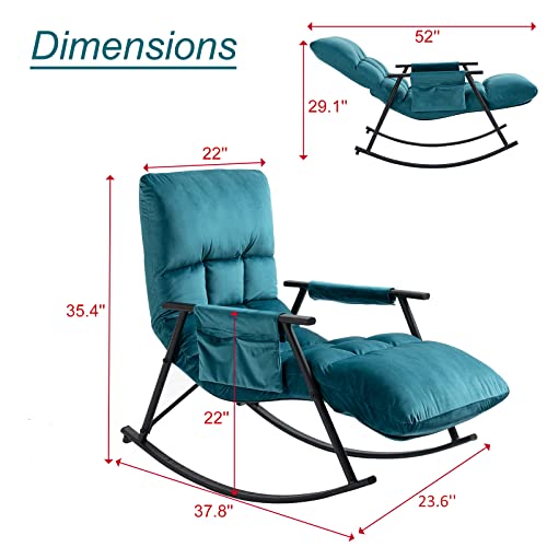 ZJhome Velvet Accent Folding Rocking Recliner Chair Nursery with Side Pocket Adjustable High Back & Foot Rest, Comfortable Upholstered Nursing Glider Rocker Armchair for Living Room, Bedroom(Teal)