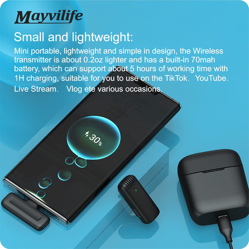 Mayvilife Wireless Lavalier Microphone Compatible with USB-C Smart Phone Video Recording, Wireless Clip Mic with Charging case for TikTok YouTube Live Stream Vlog