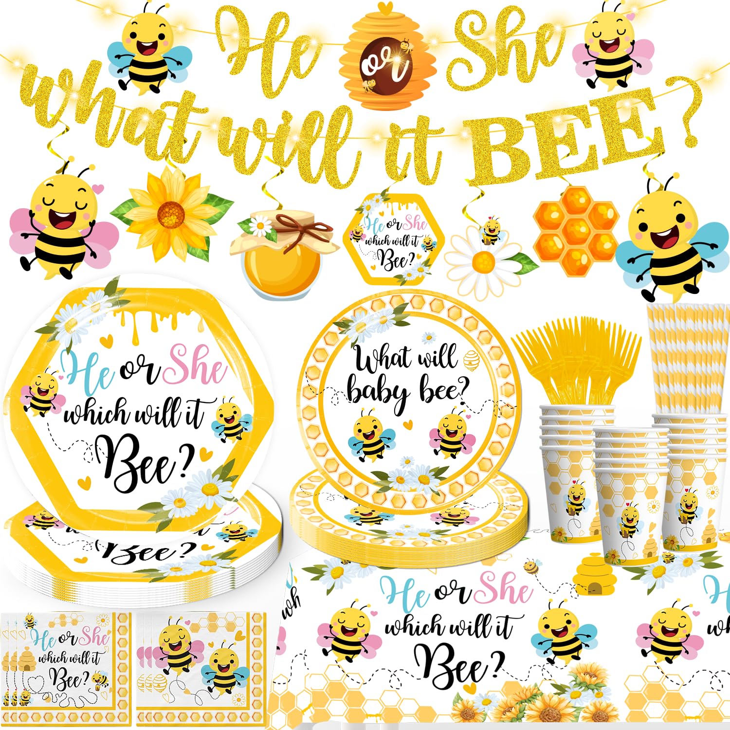 Yingoto 168pcs What Will it Bee Gender Reveal Decorations Tableware Set, Bee Gender Reveal Decorations Include Banner, Plates, Napkins, Tablecloth, Bee Party Decorations for Baby Shower, Serve 25
